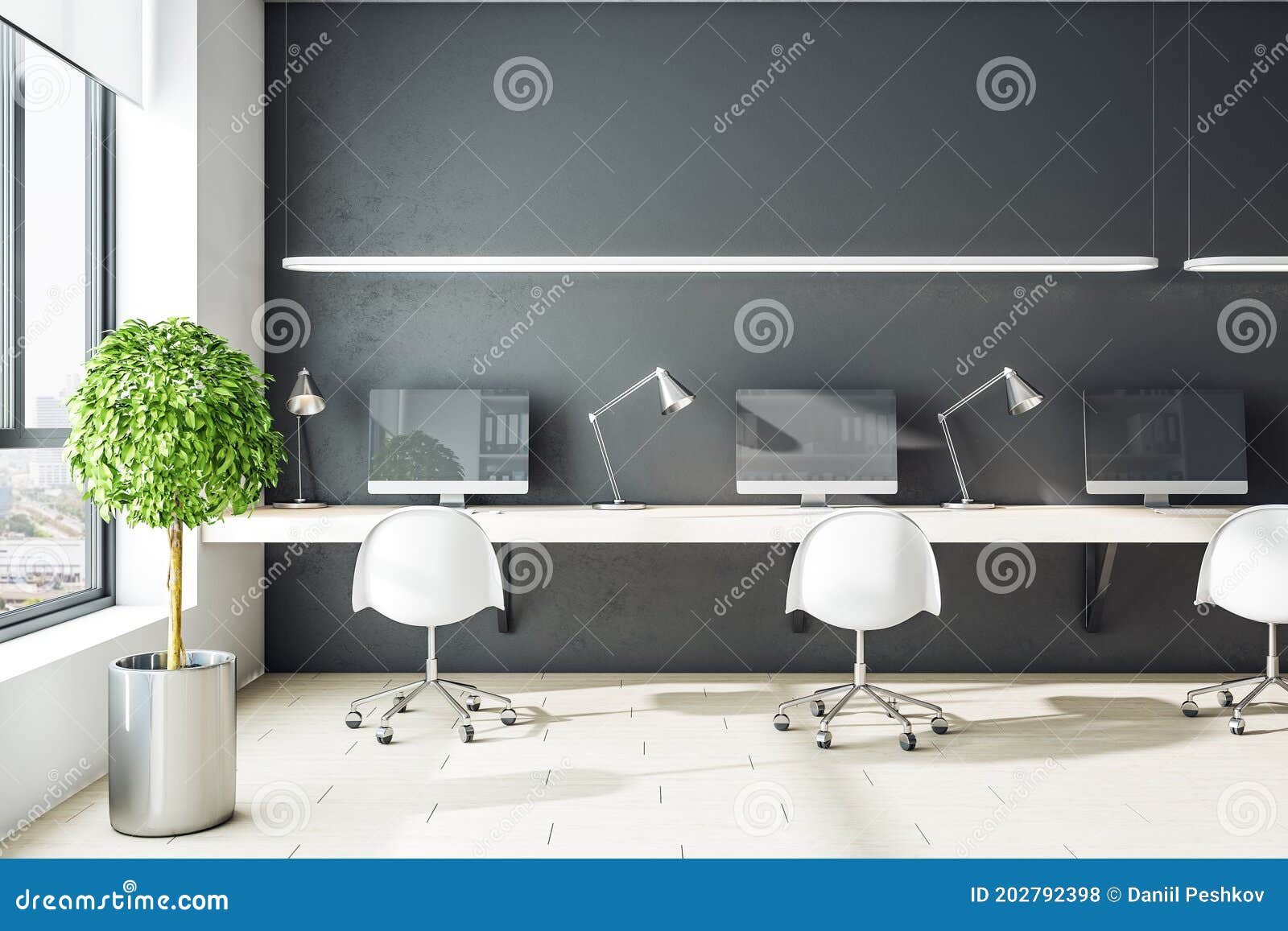 Interior of Modern Office with Desks and Computers Stock Illustration ...