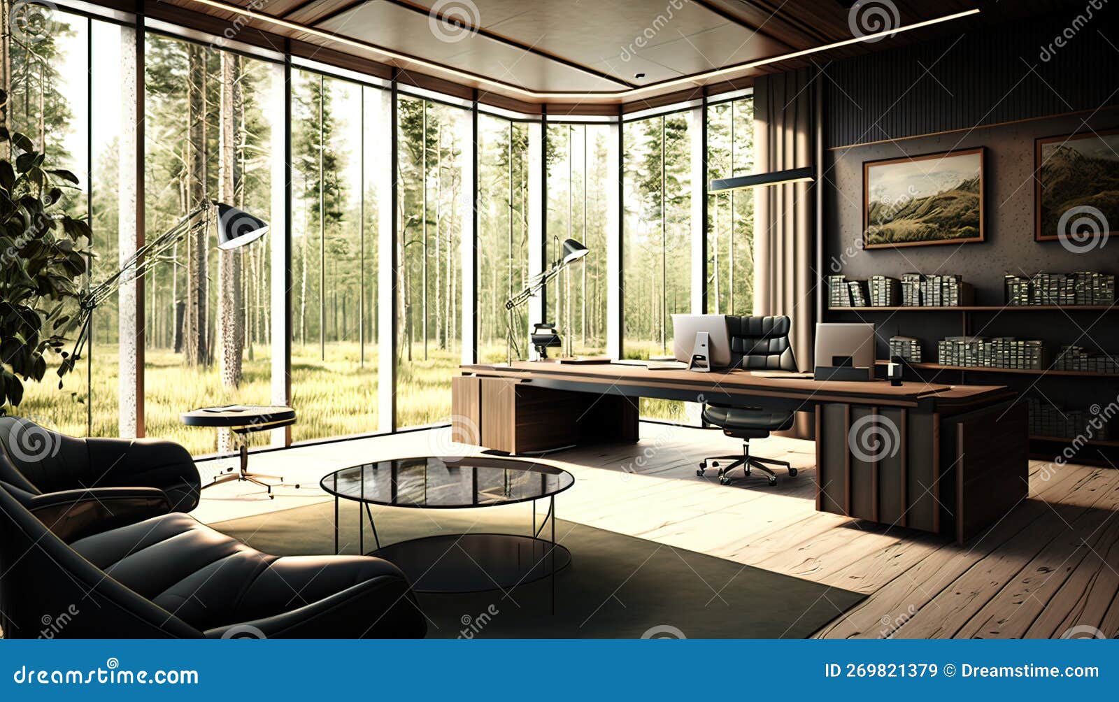 Interior of Modern Office in Forest, Spacious Room with Panoramic ...