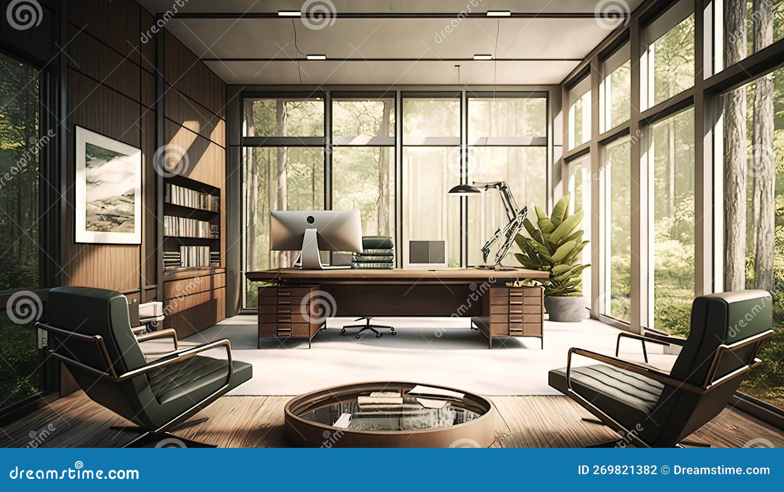 Interior of Modern Office or Home in Forest, Room with Panoramic Window ...