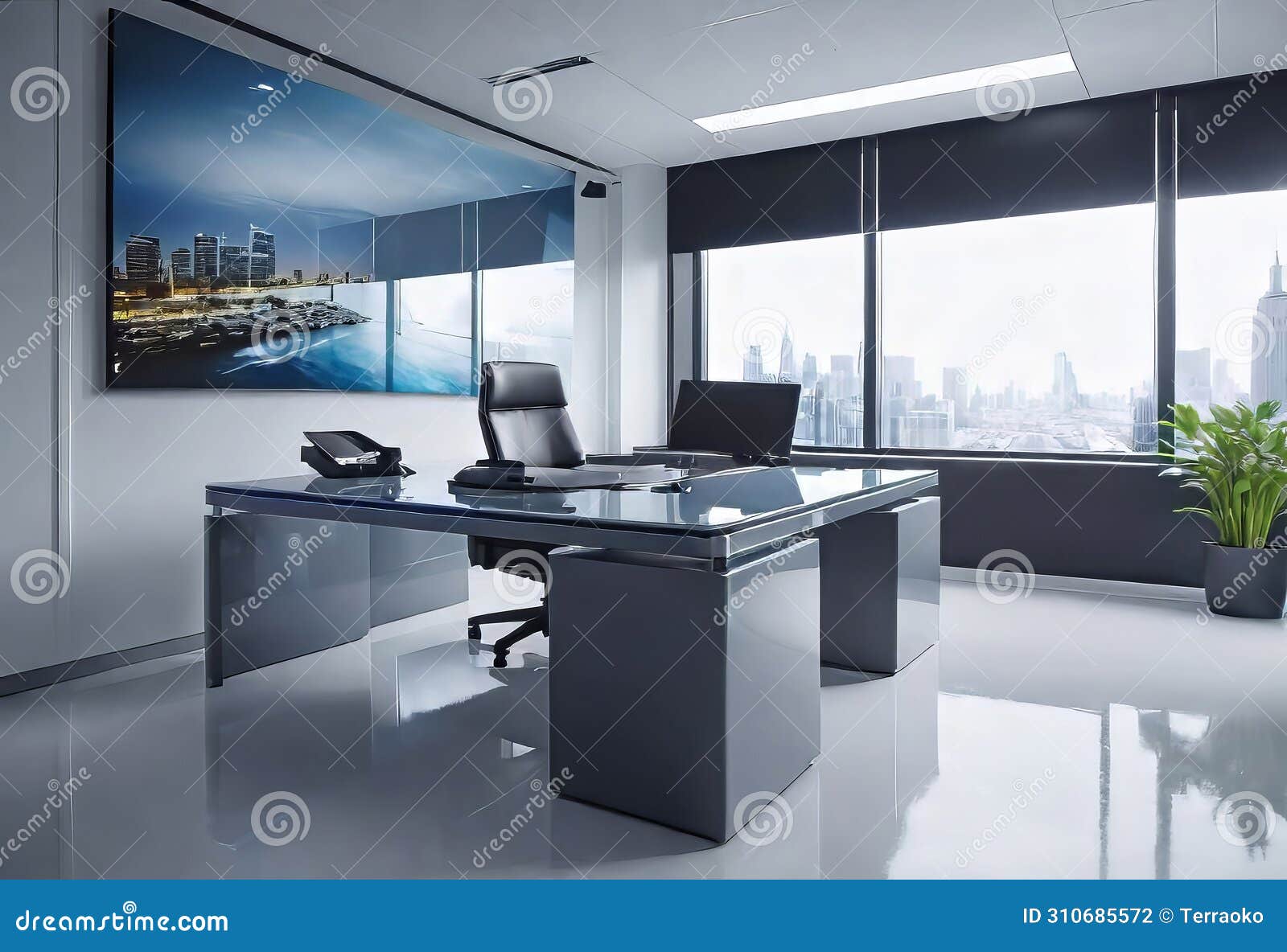 Interior of a Modern Office with Large Windows and Office Computer ...