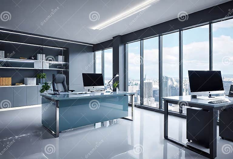 Interior of a Modern Office with Large Windows and Office Computer ...