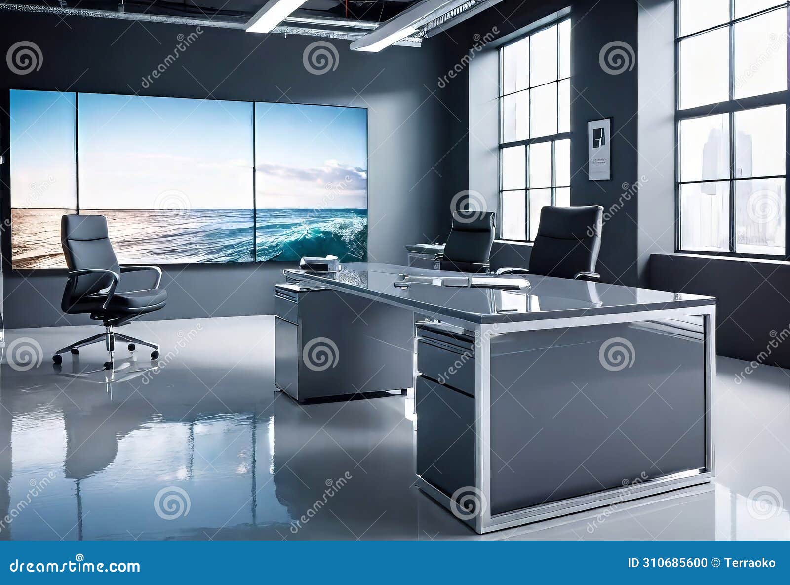 Interior of a Modern Office with Large Windows and Office Computer ...