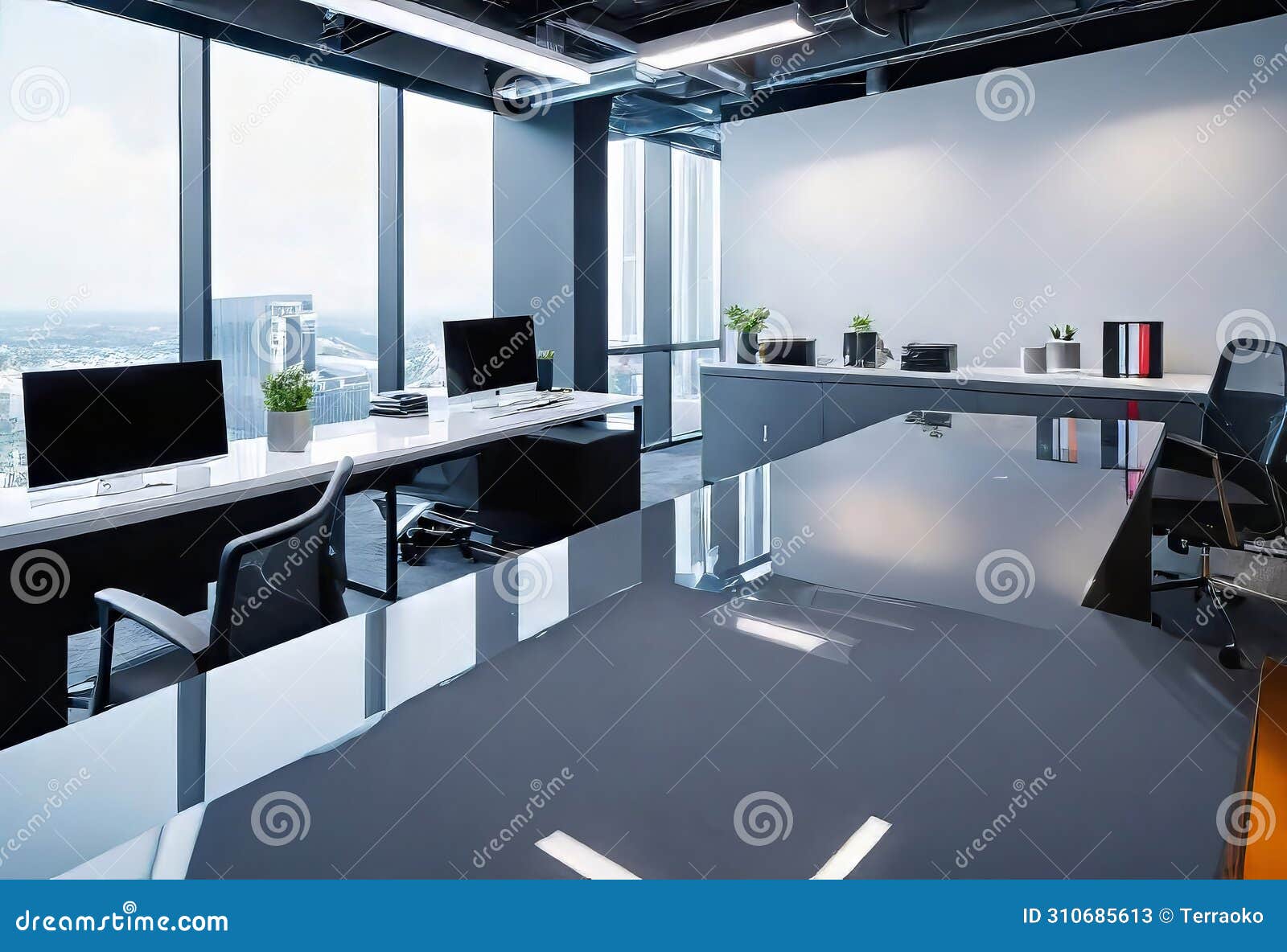 Interior of a Modern Office with Large Windows and Office Computer ...