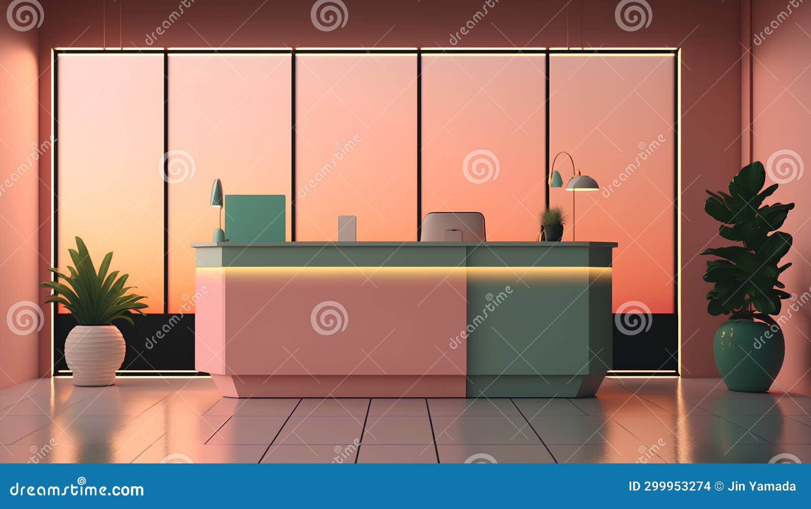 Interior of Modern Office with Pink and Orange Reception Desk. 3d ...
