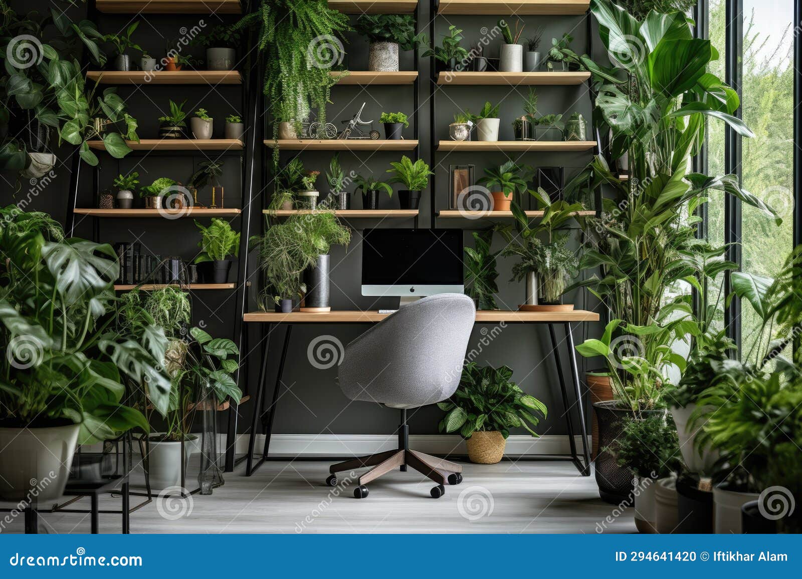 Interior of Modern Office with Plants and Computer. Workplace Concept ...