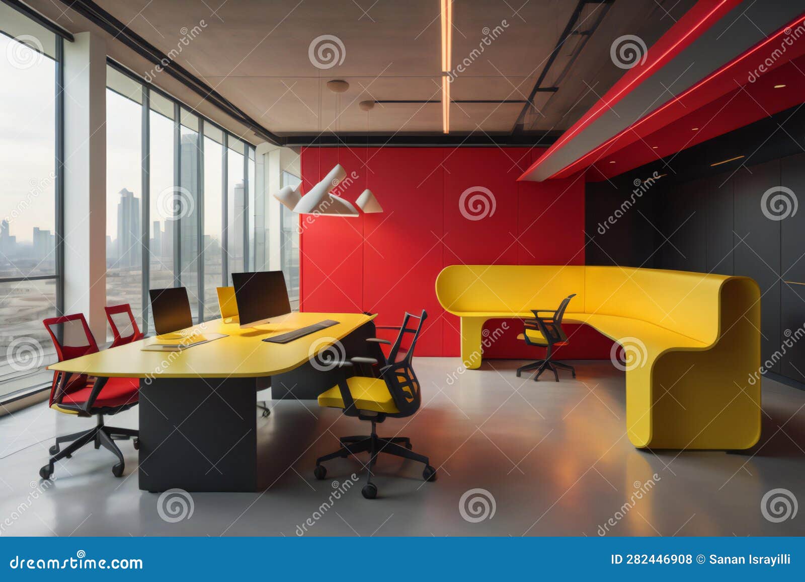 Interior of Modern Office with Red and Yellow Walls, Concrete Floor ...