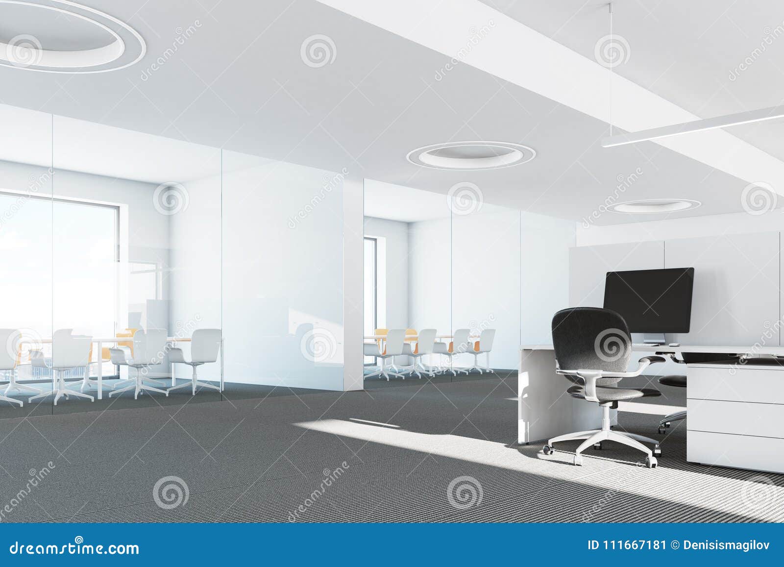 Modern Panoramic Office Interior Close Up Stock Image - Image of light ...