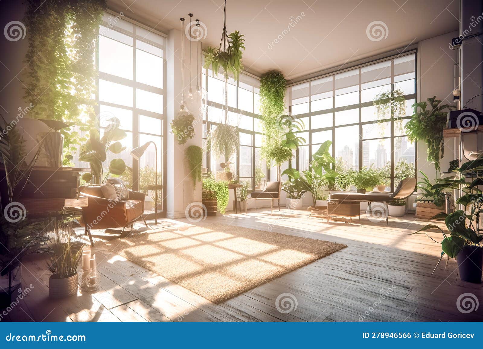 Interior of a Modern Open Space Room in House with Large Windows, Made ...