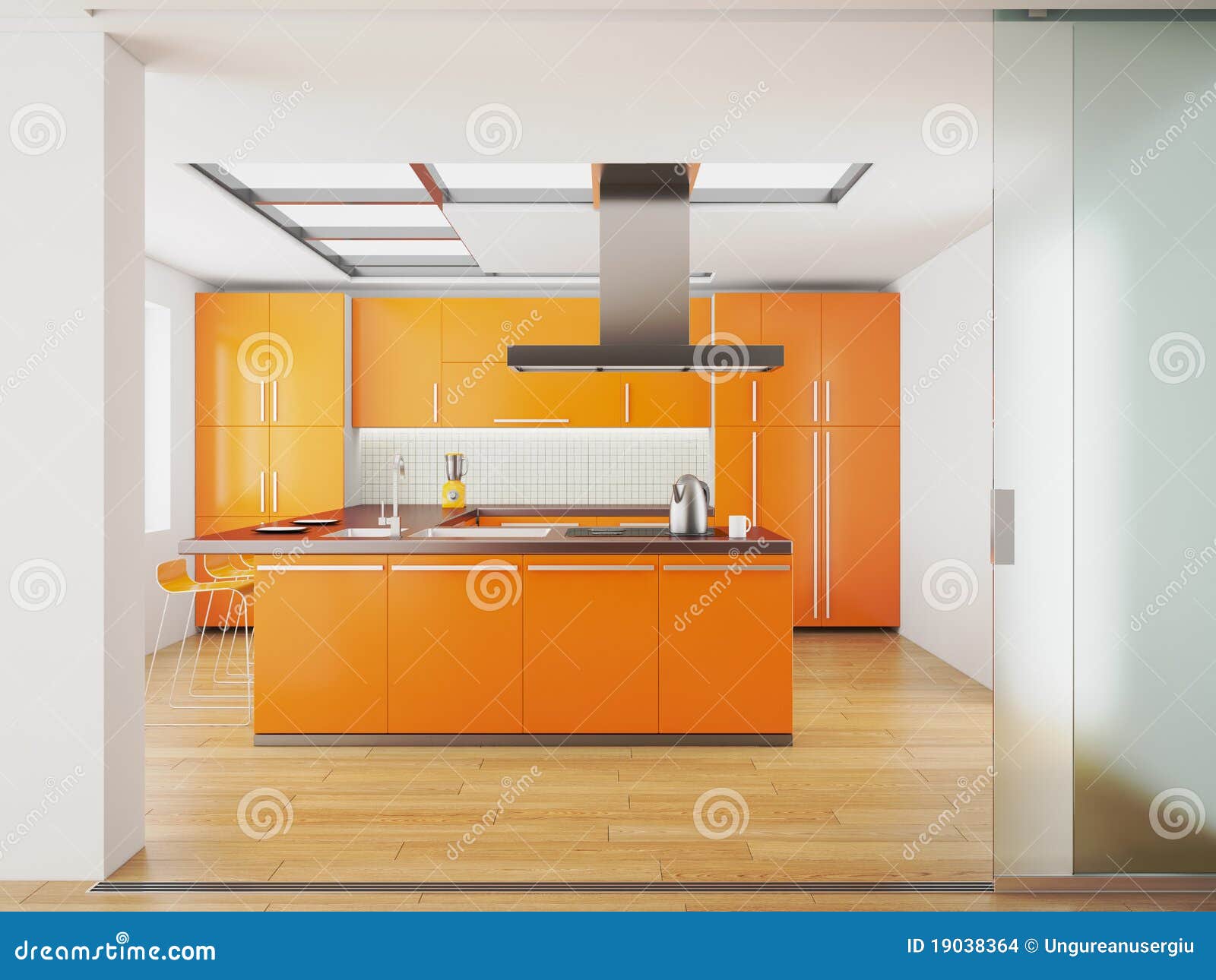 Interior of Modern Orange Kitchen Stock Illustration - Illustration of ...