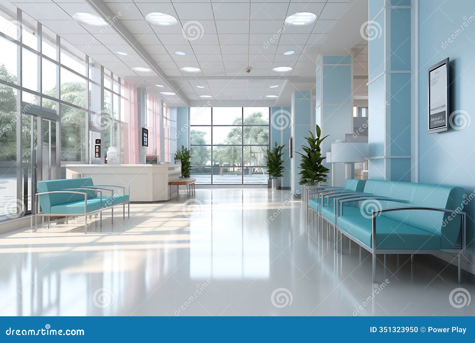 Interior of Modern Reception Hall with Blue and White Reception Desk ...