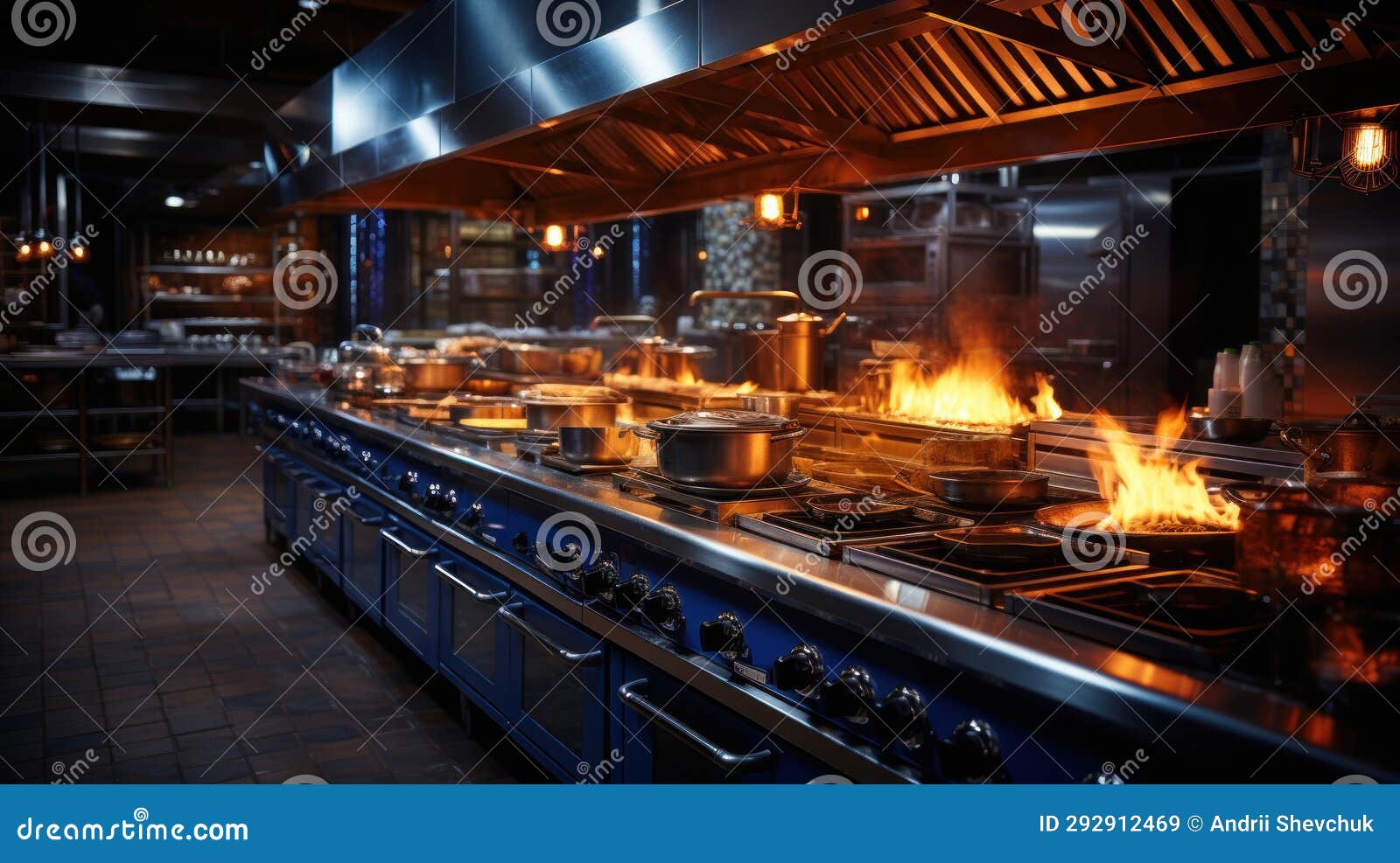 Interior of a Modern Restaurant Kitchen with Fire in the Foreground ...