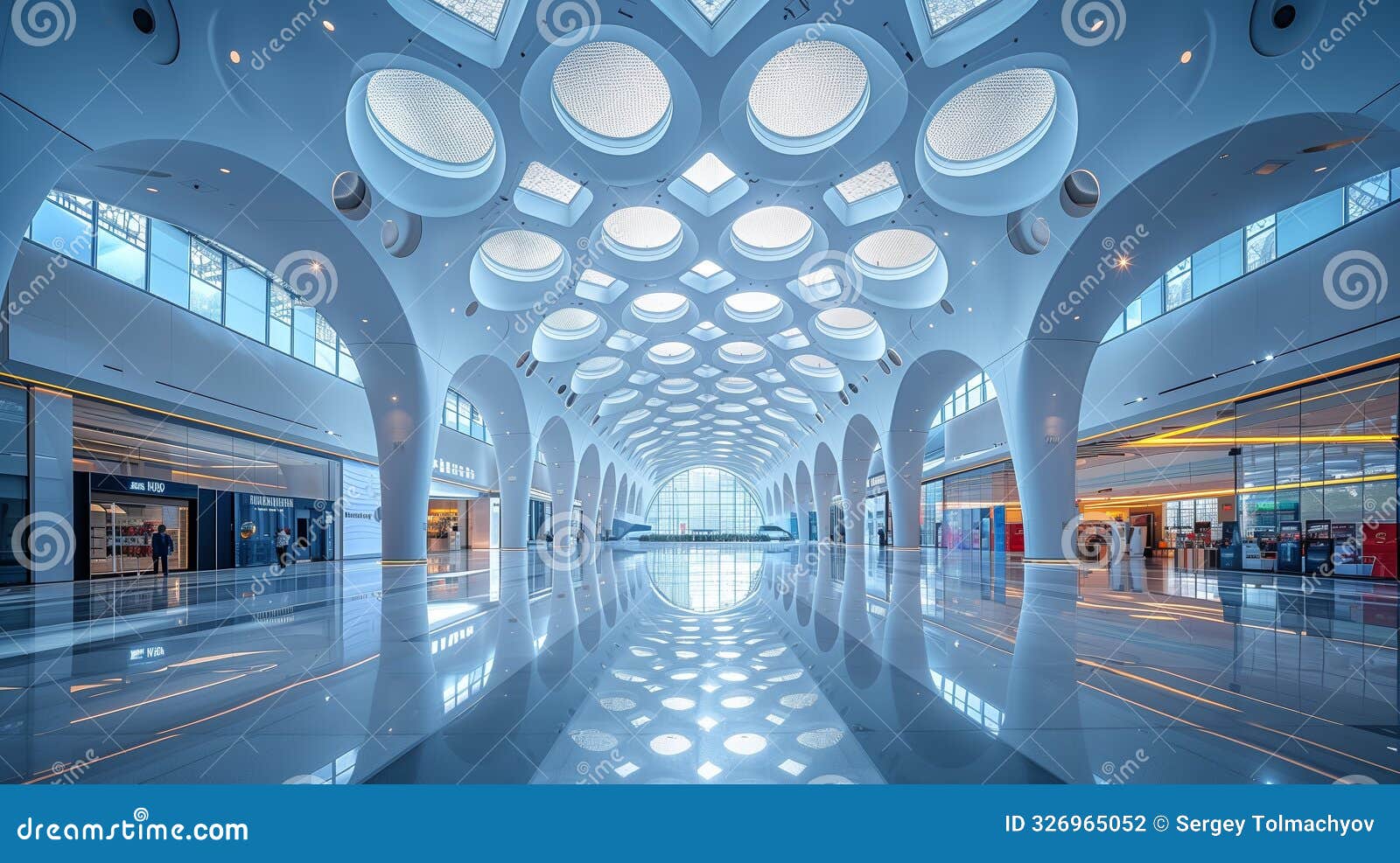 Modern Interior Design Of A Large Shopping Mall With Circular Skylights ...