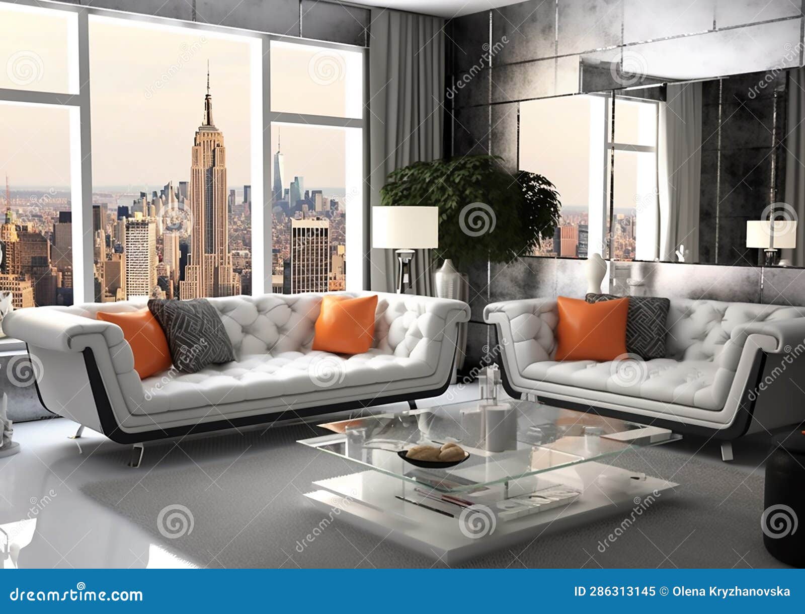Interior in Modern Style in White with a Beautiful City View Outside ...
