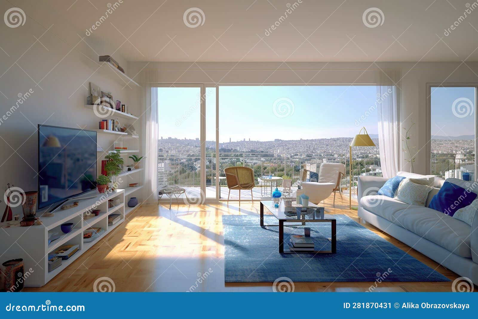 The Interior of a Modern Sunny Studio Apartment with Panoramic Windows ...