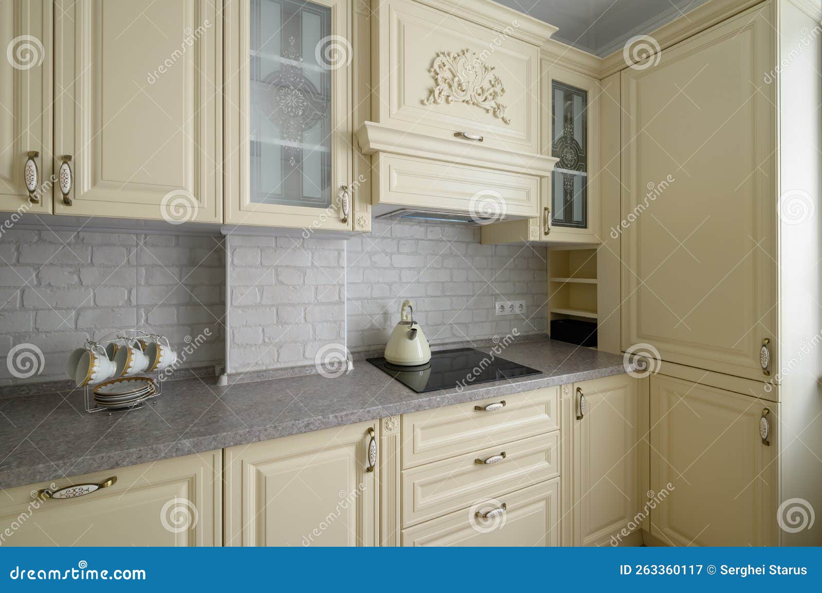 Interior of Modern Trendy Cream Colored Kitchen Stock Image - Image of ...