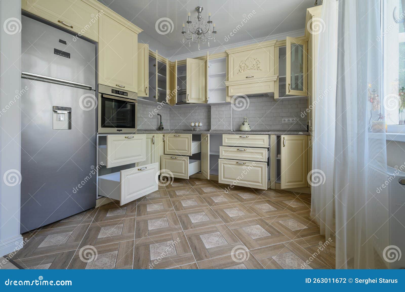 Interior of Modern Trendy Cream Colored Kitchen Stock Photo - Image of ...