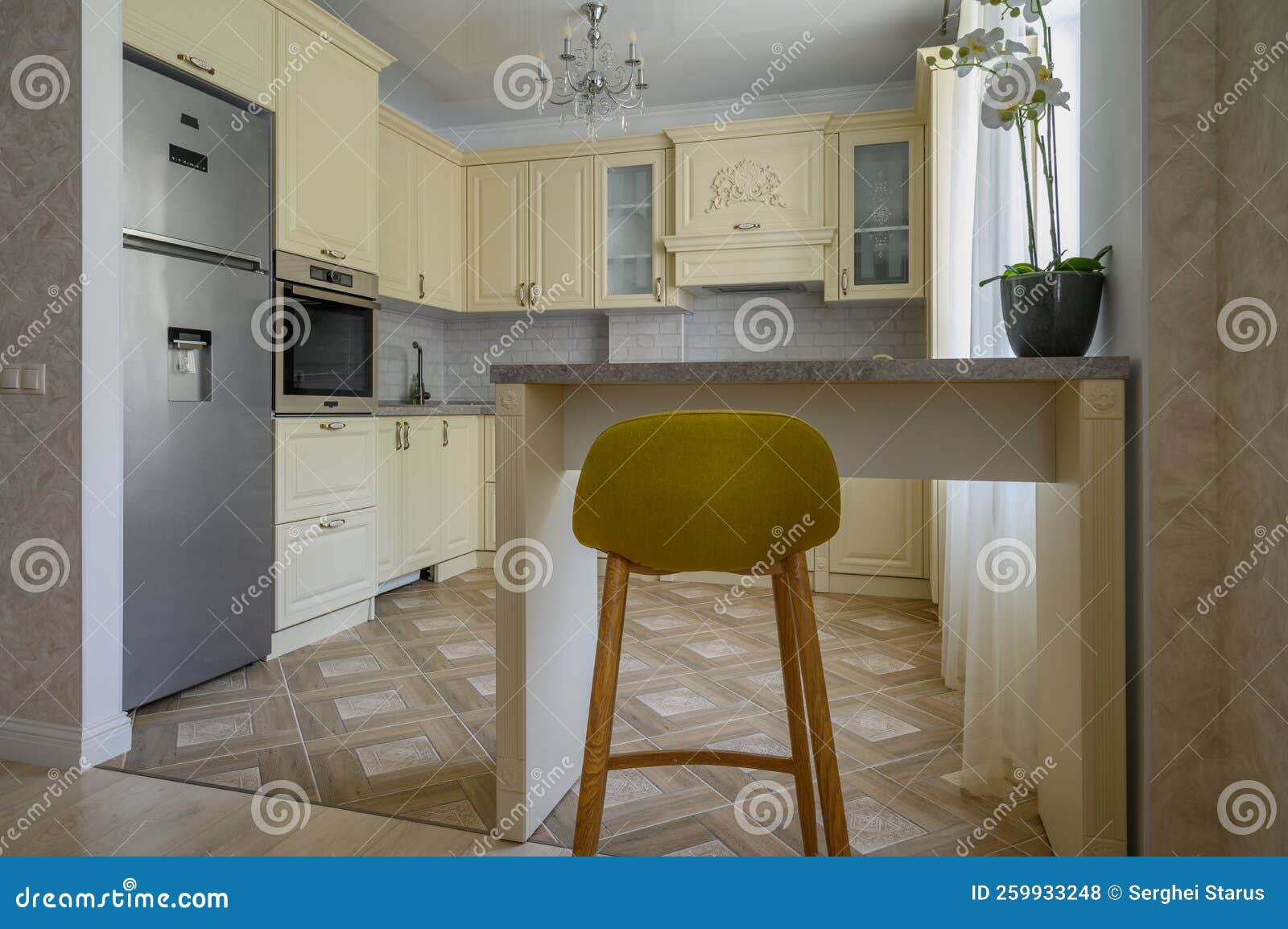 Interior of Modern Trendy Cream Colored Kitchen Stock Photo - Image of ...