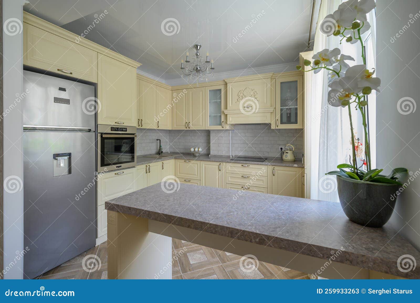 Interior of Modern Trendy Cream Colored Kitchen Stock Image - Image of ...