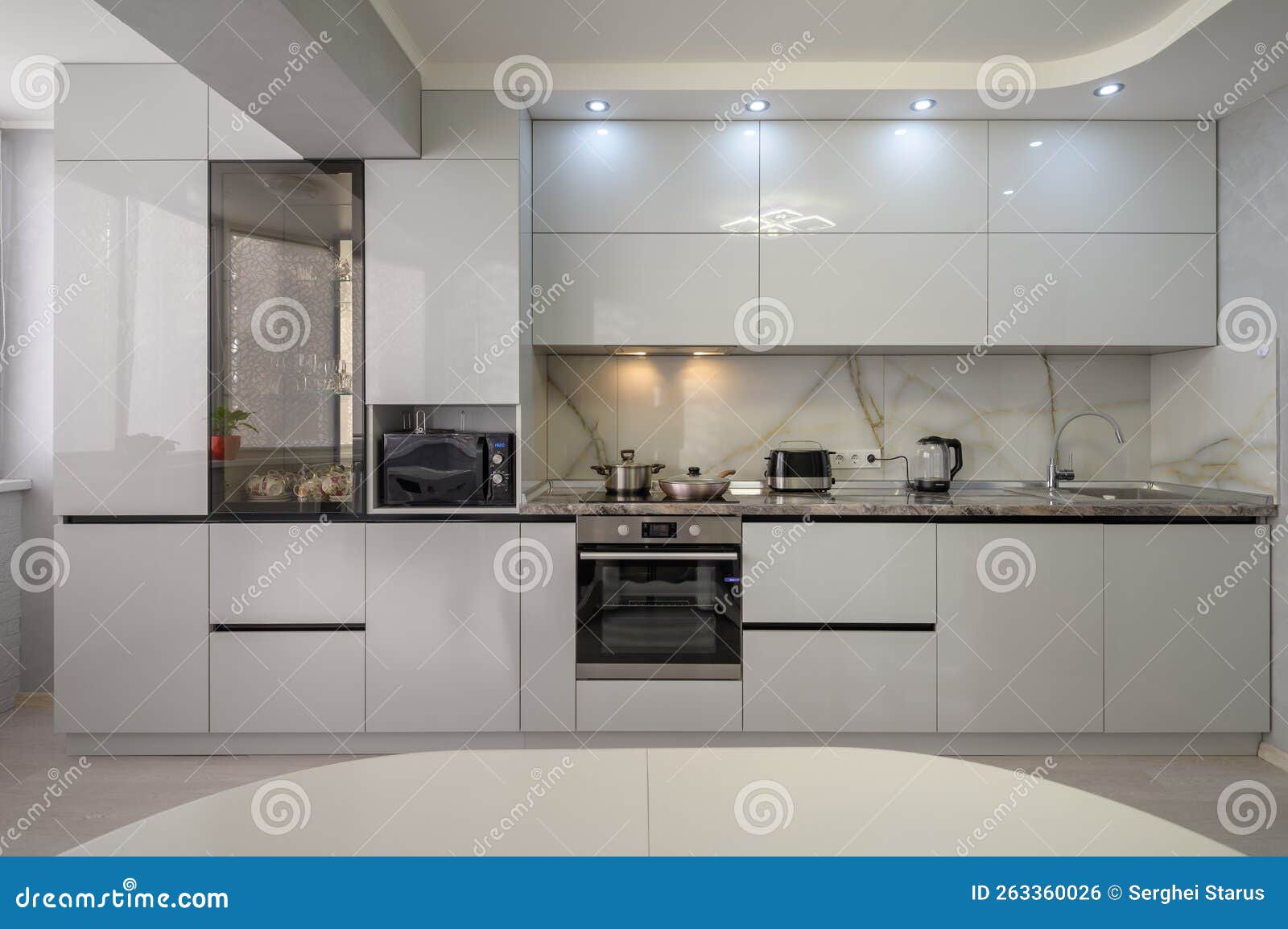 Interior of Modern Trendy White Kitchen, Front View Stock Photo - Image ...