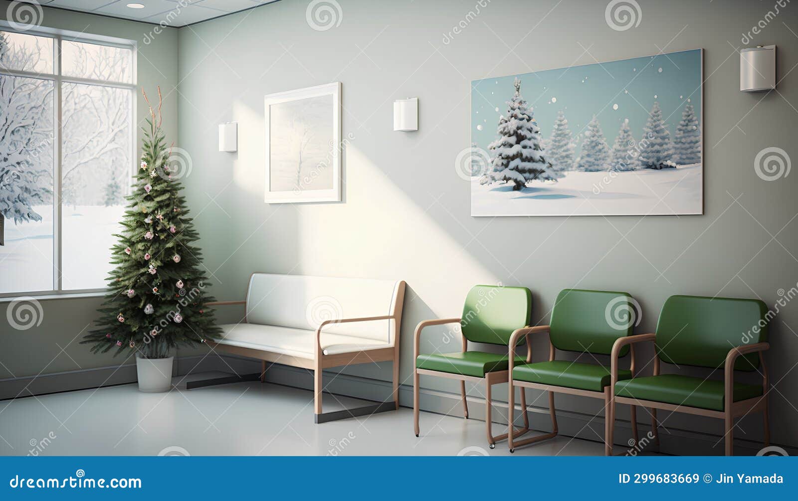 Interior of Modern Waiting Room with Christmas Tree, Chair and Posters ...