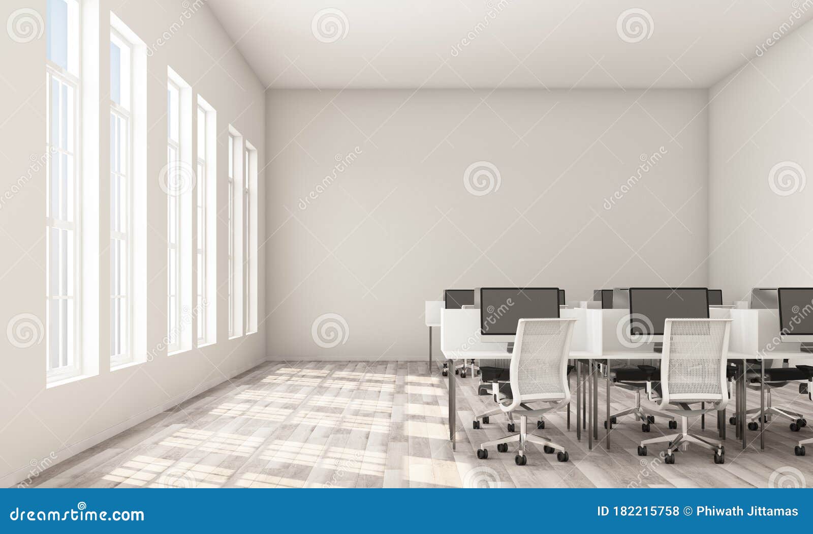 Interior of Modern White Office with Rows of White Computer Tables with ...