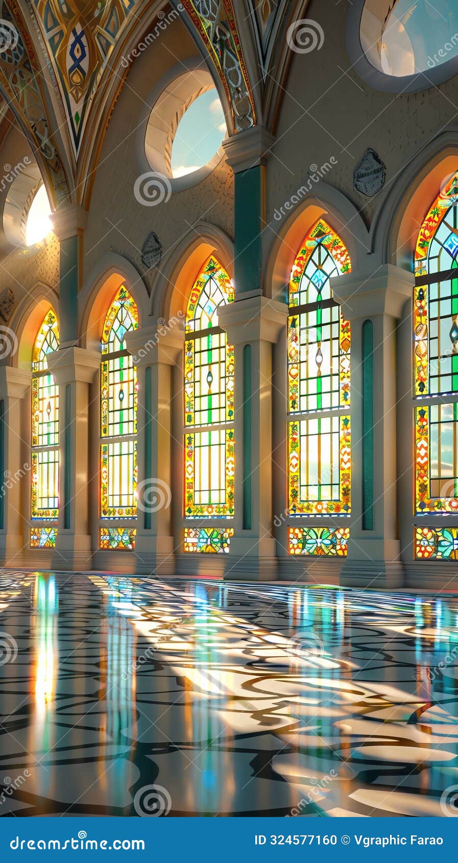 Interior of a Mosque with Colorful Stained Glass Windows and Ornate ...