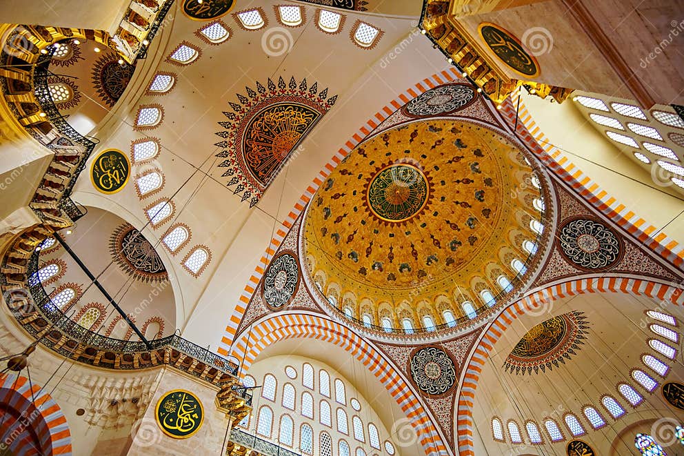 Interior of Mosque, Domes are Painted with Patterns, Decorative Windows ...