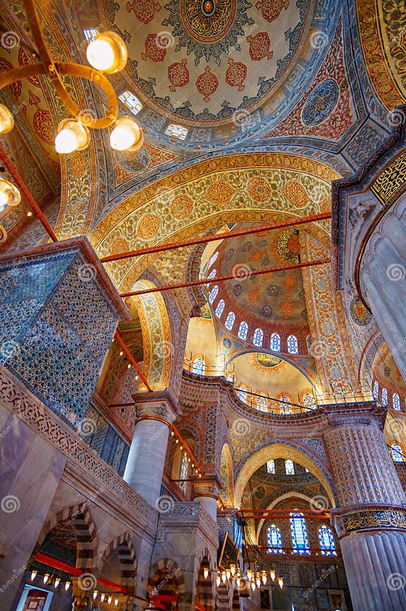 Interior of Mosque, Domes are Painted with Patterns, Decorative Windows ...