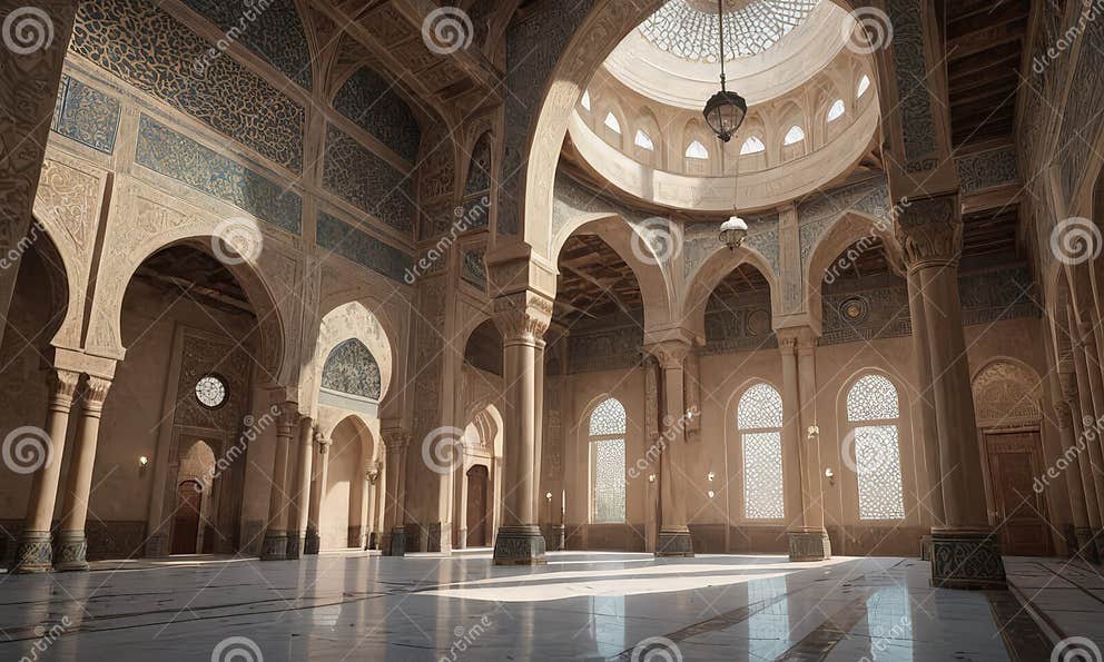 The Interior Mosque Features High Ceiling with Large Dome, Arched ...