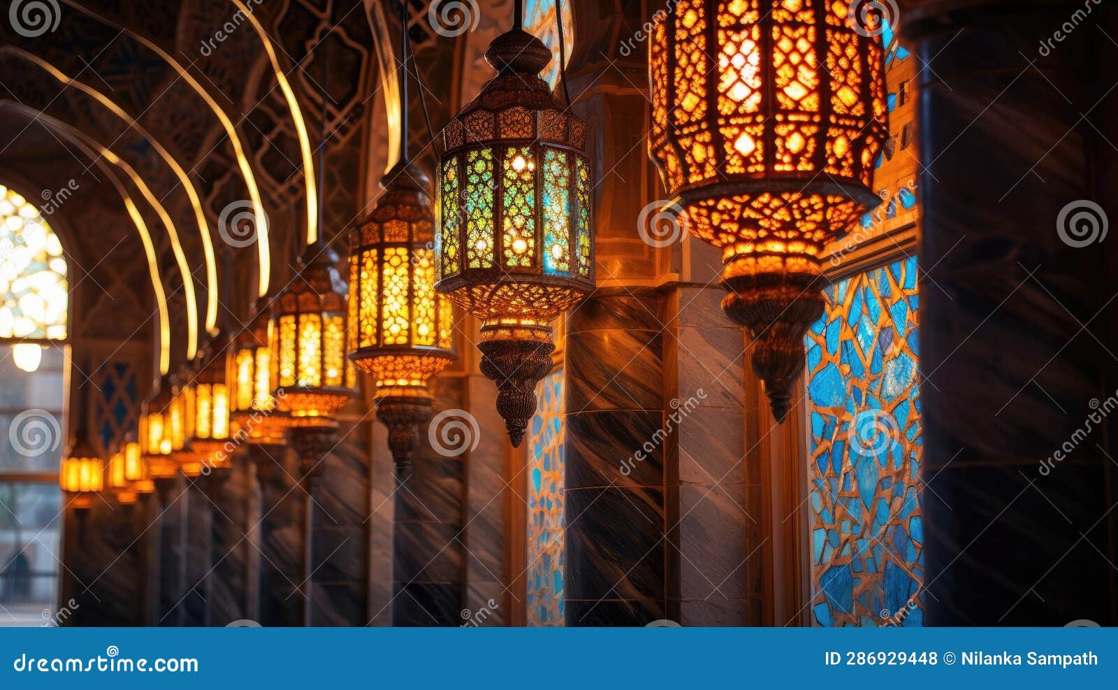 Interior of a Mosque, Hanging Lights, Decorated Walls and Pillars ...