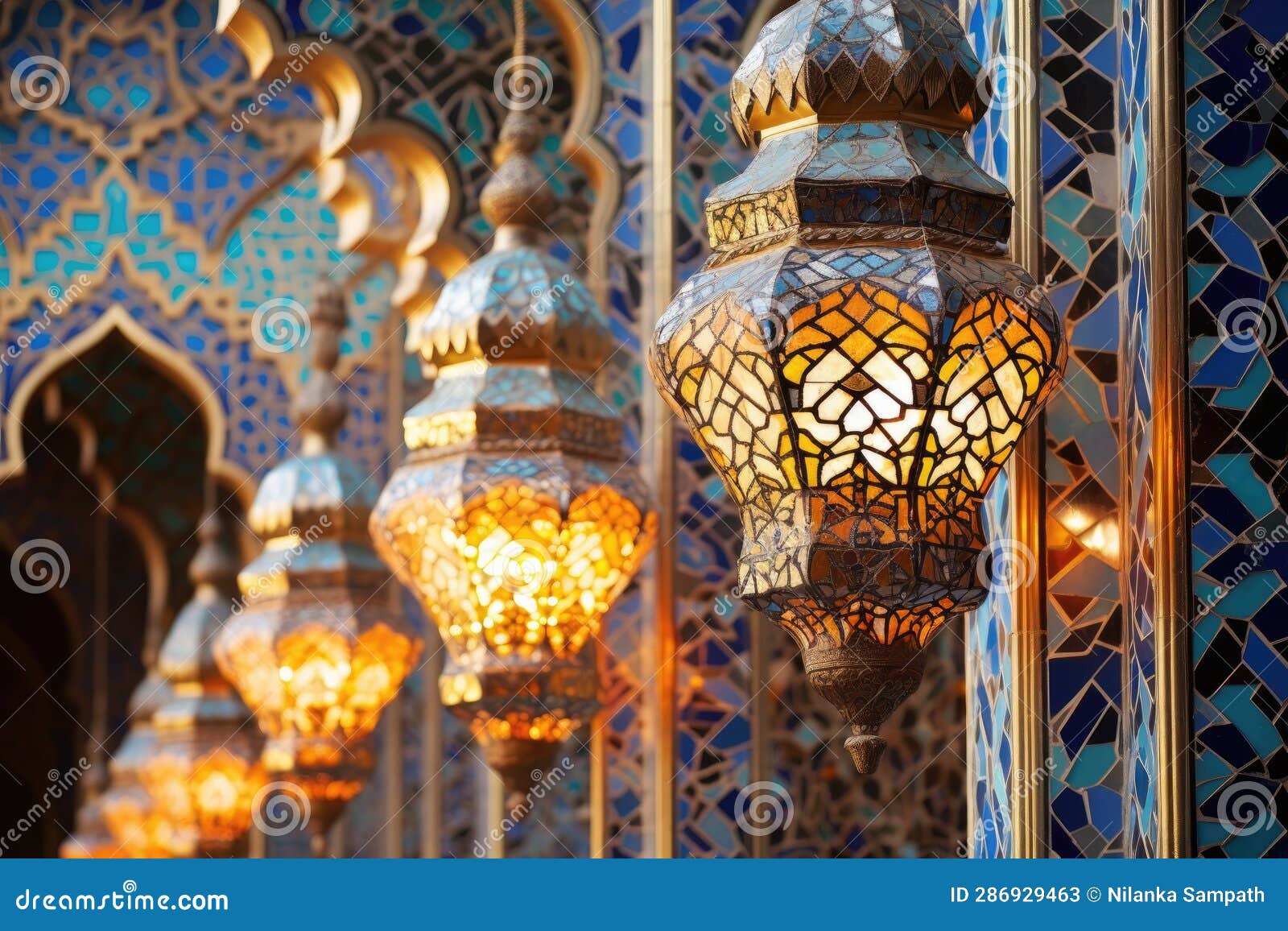 Interior of a Mosque, Hanging Lights, Decorated Walls and Pillars ...