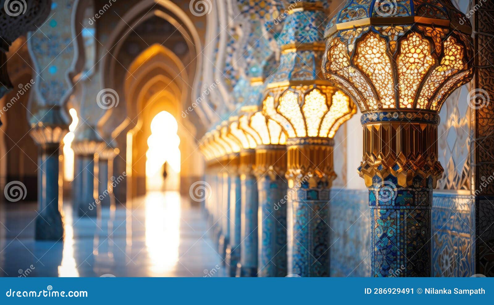 Interior of a Mosque, Hanging Lights, Decorated Walls and Pillars ...