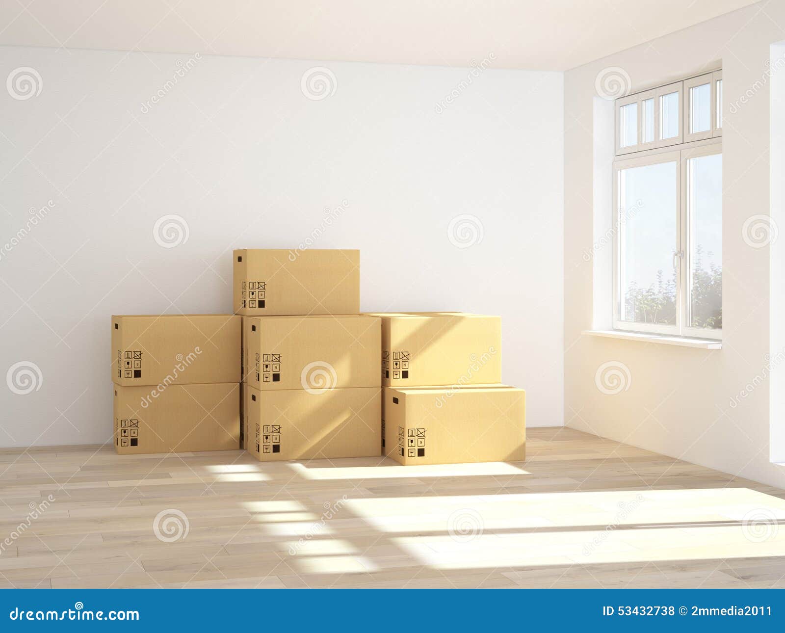 Interior with Moving Boxes in Empty White Room. 3d Stock Illustration ...