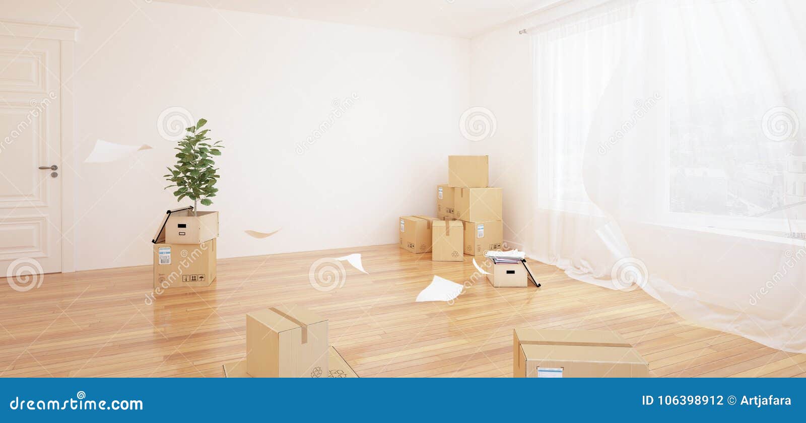 Interior with Moving Boxes in Empty White Room Stock Illustration ...
