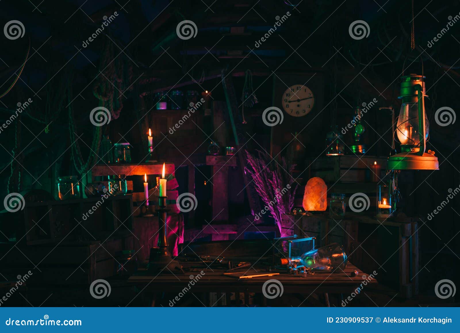 Interior of the Mystical Laboratory of Alchemist Witch with Candles and ...
