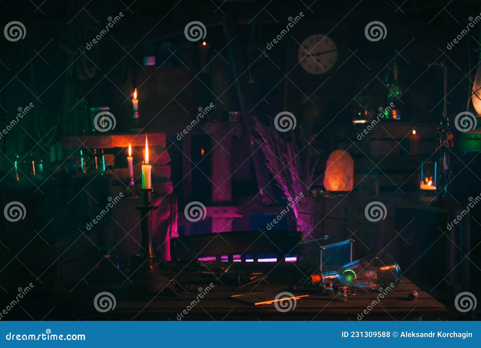 Interior of the Mystical Laboratory of Alchemist Witch with Candles and ...