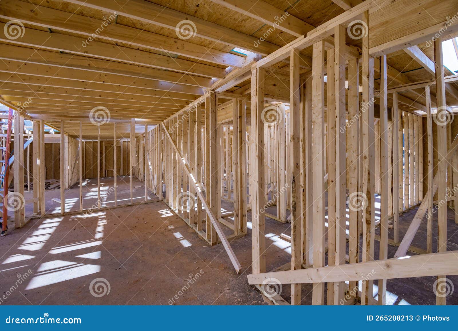 An Interior New House Under Construction with Wood Framing Beams and ...
