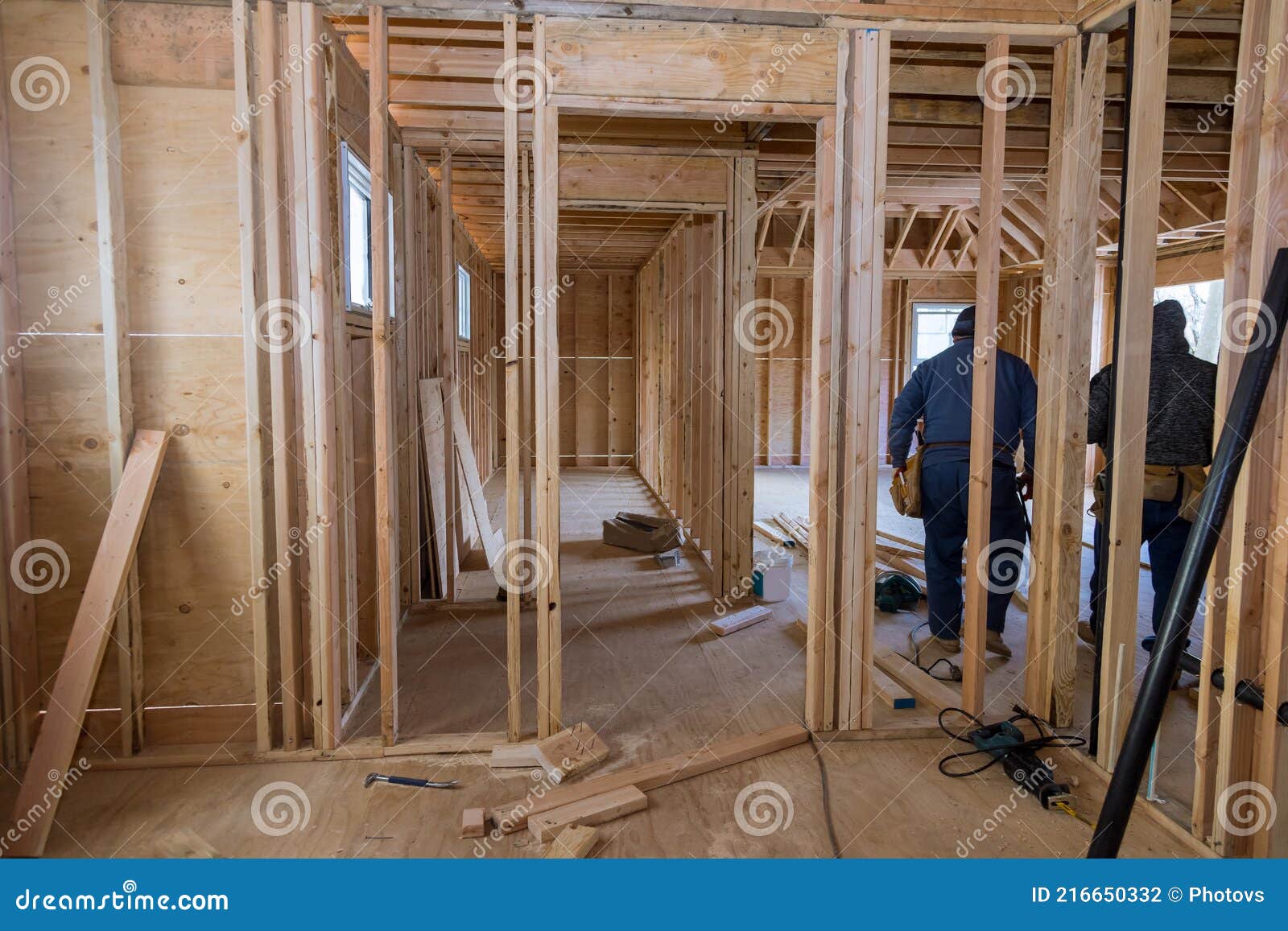 Interior Beam Wood Framework of New Residential Home Under Construction ...