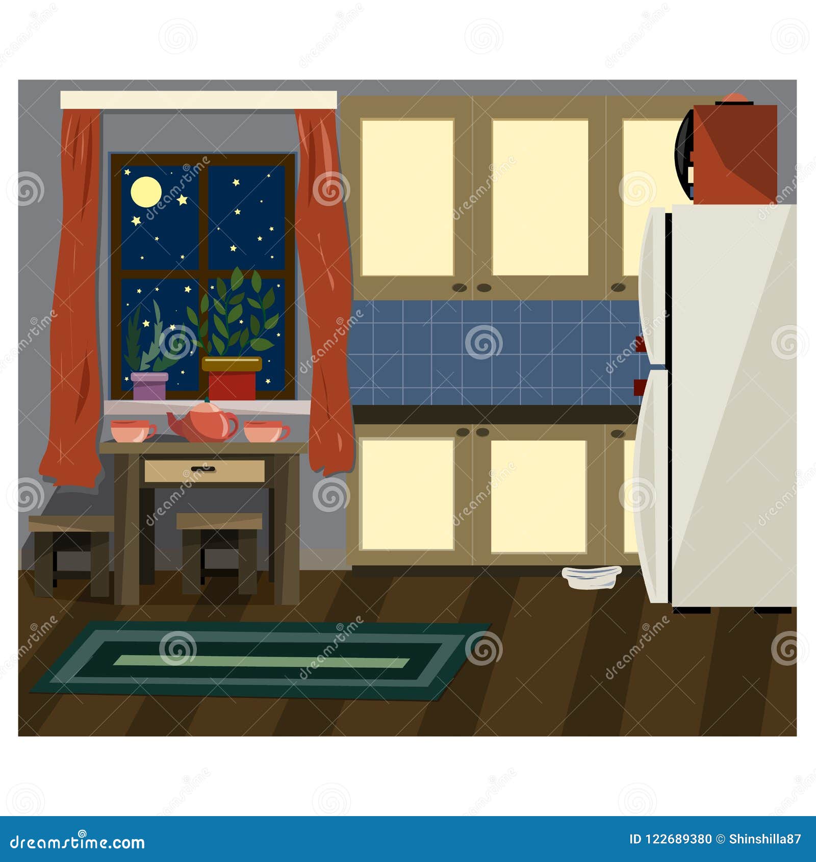 Interior of a Night Kitchen with Furniture and a Window Stock Vector ...