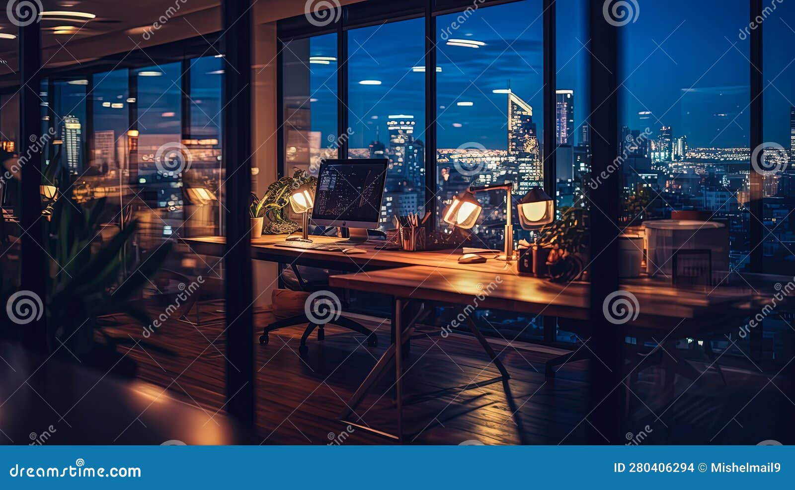 Interior of Night Office with Desk and Computer. City Night View from ...