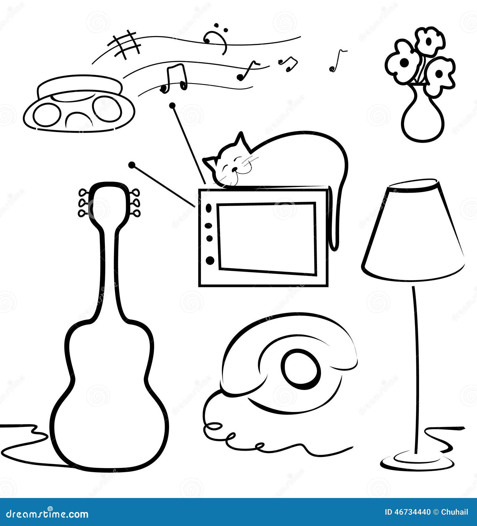 Interior Objects Collection. Line Art Style. Stock Vector ...