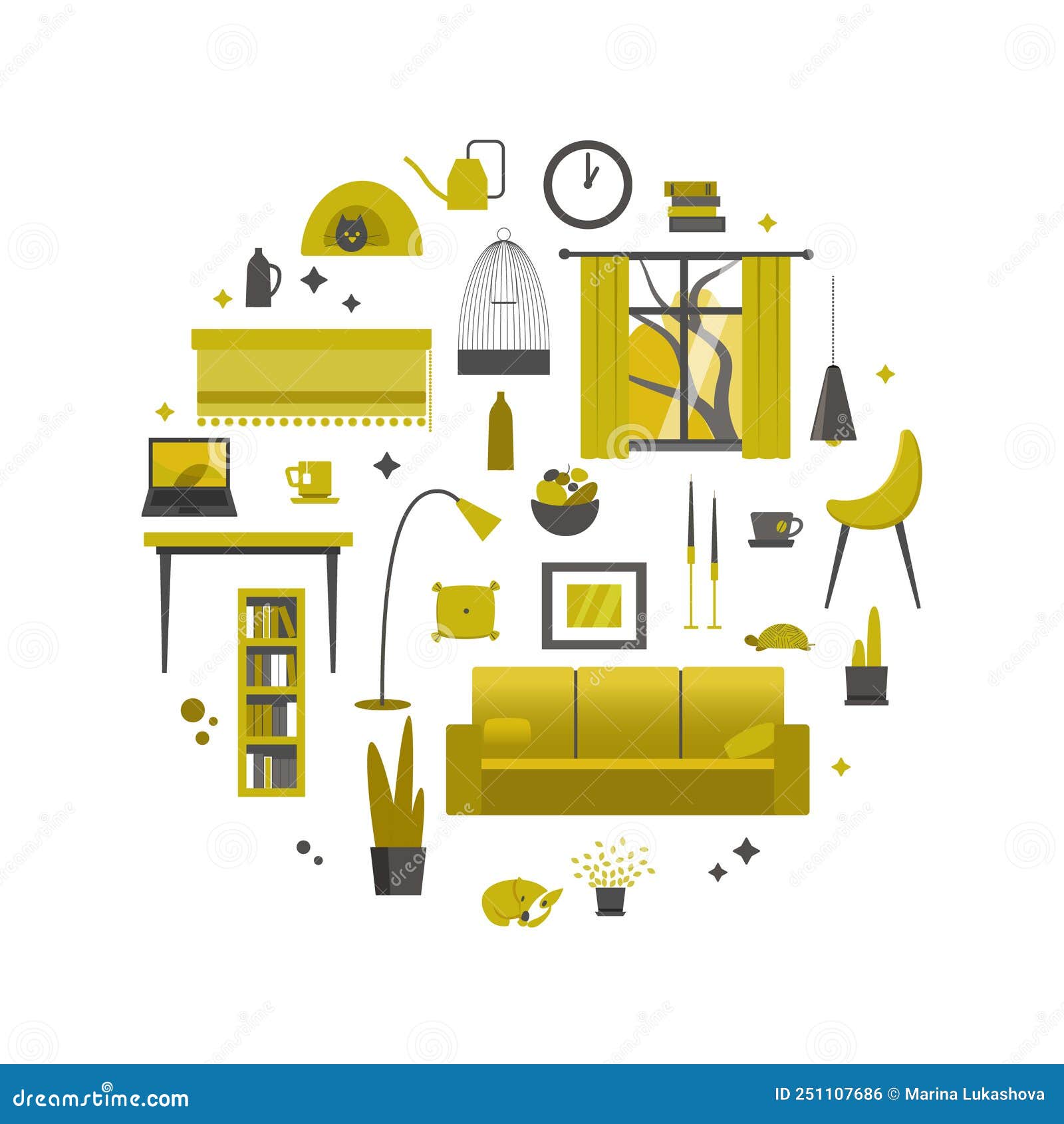 The Interior Objects Set, Yellow and Grey Monochrome Colour, Pet ...
