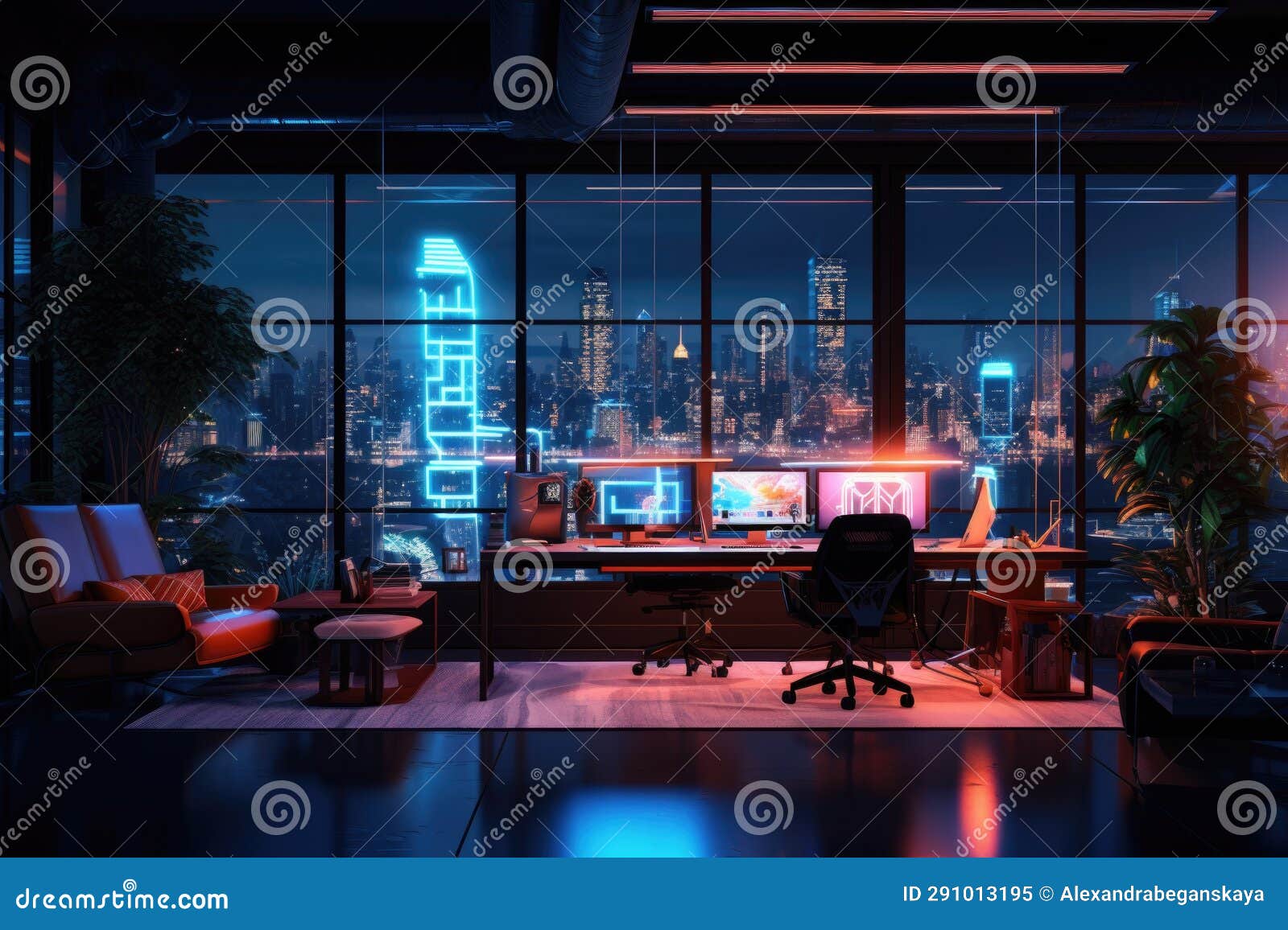 The Interior of the Office with a Computer and Neon Lighting Stock ...