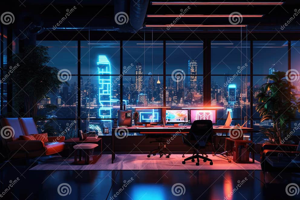 The Interior of the Office with a Computer and Neon Lighting Stock ...