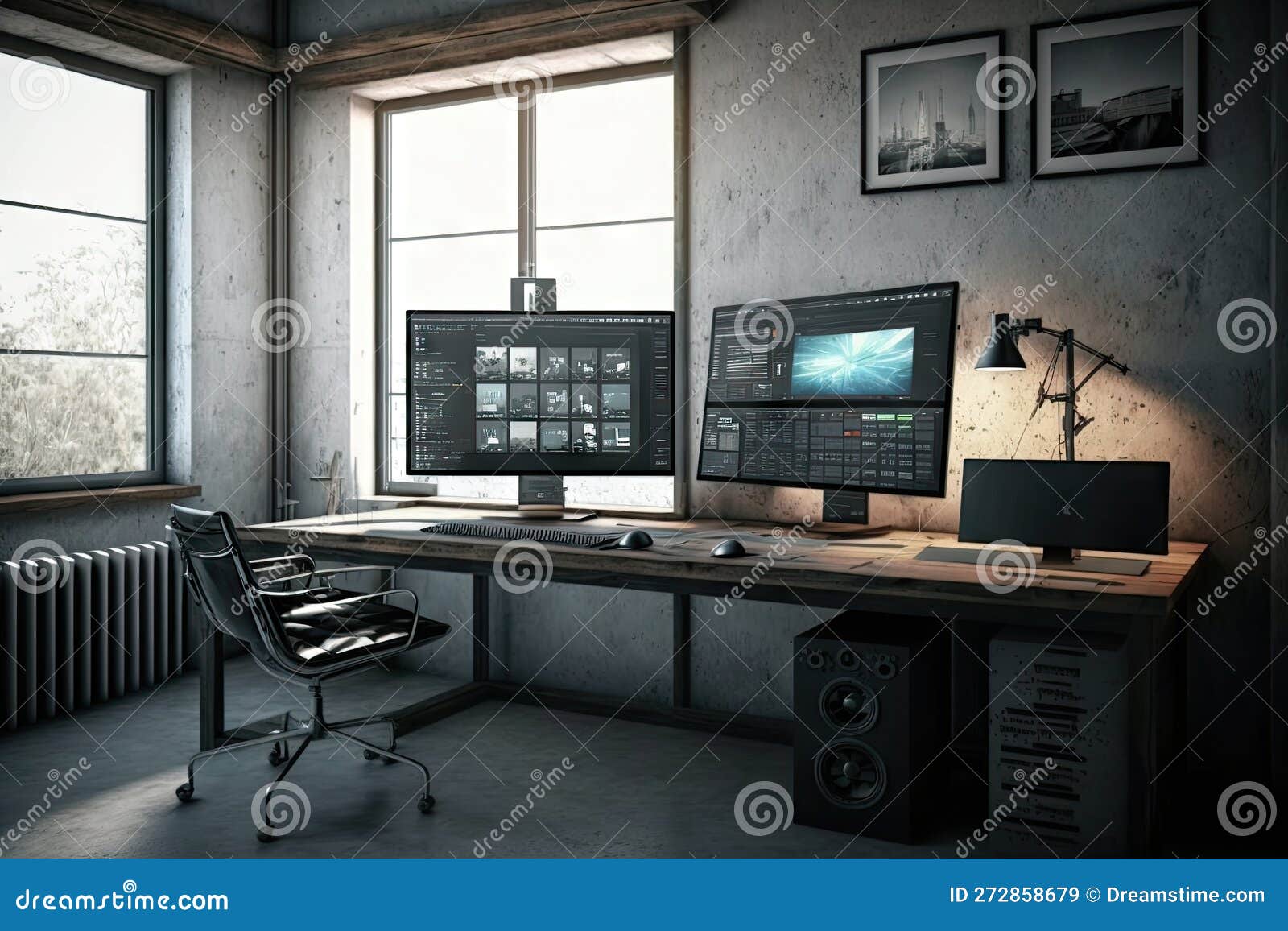 Interior of Office with Computers and Screen on Table, Industrial ...