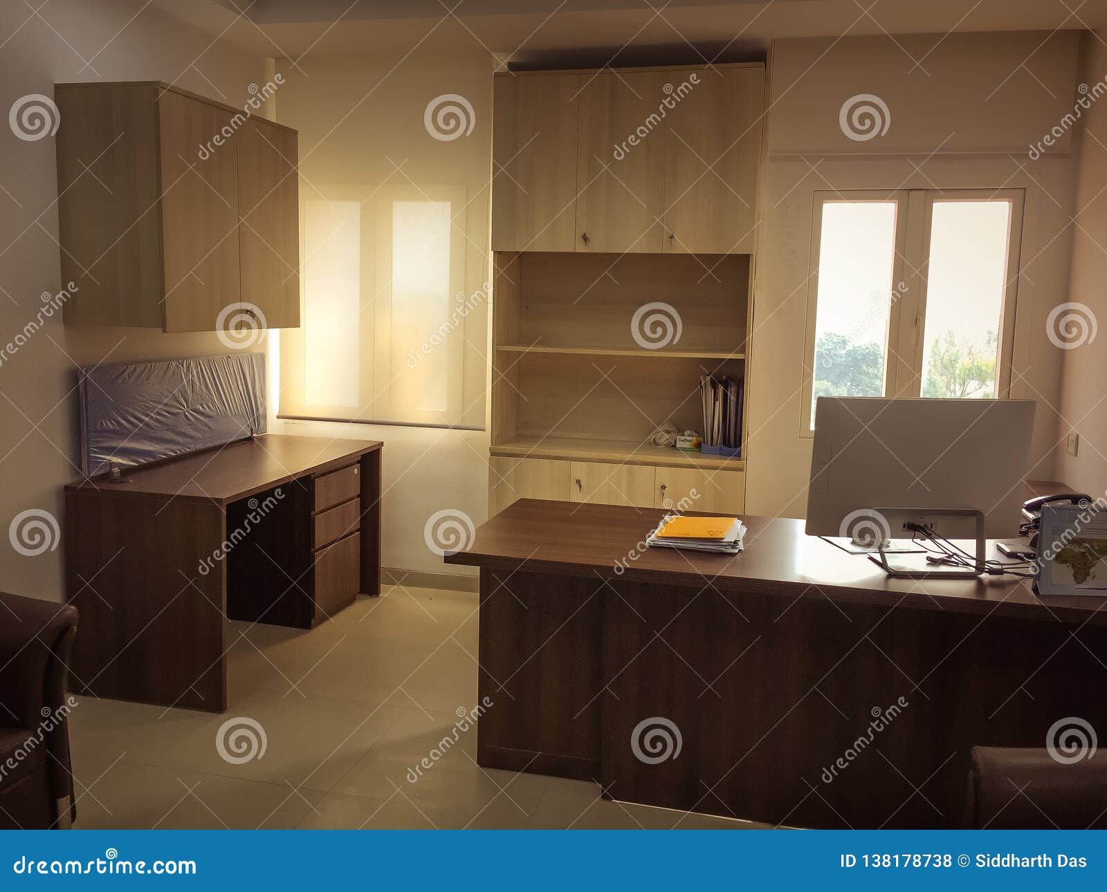 Interior of an Office, Workplace with Windows, a Computer and Tables ...