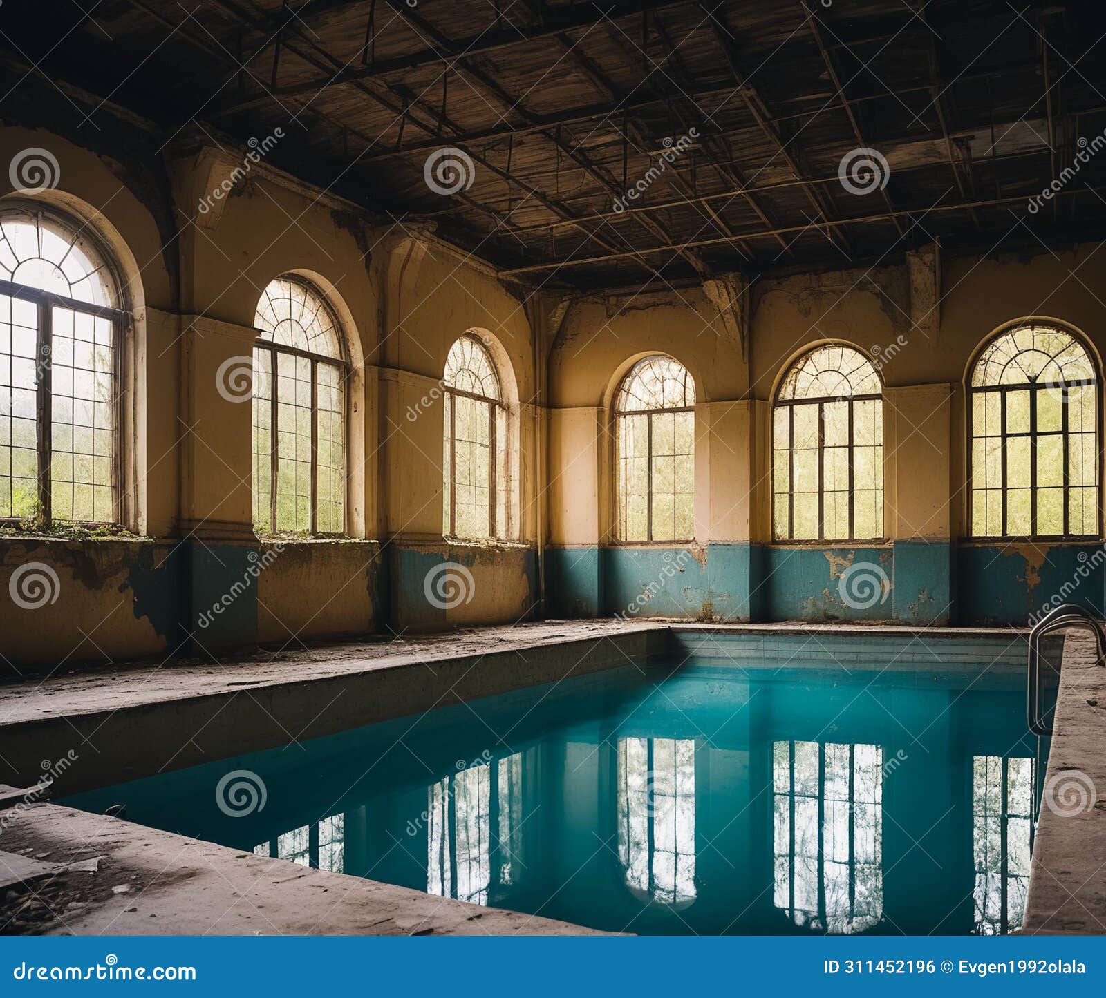 Abandoned Swimming Pool With Overgrown Weeds And Blue Water Royalty ...