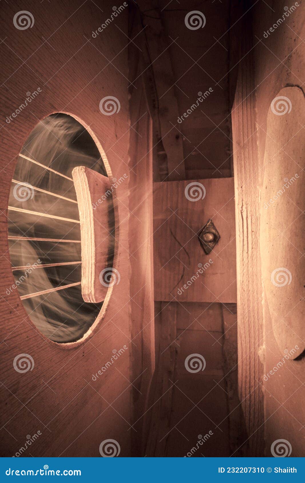Interior of Old Acoustic Guitar. Guitar from Inside with Strings Stock ...