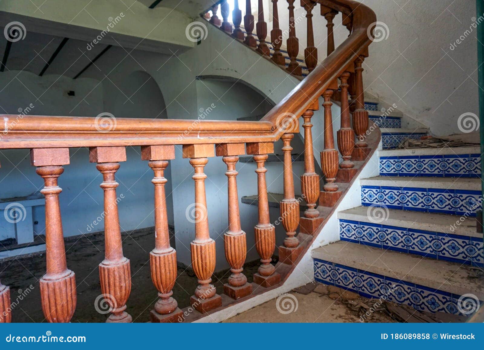 Interior in an Old Building with Staircase and Wooden Railings Stock ...