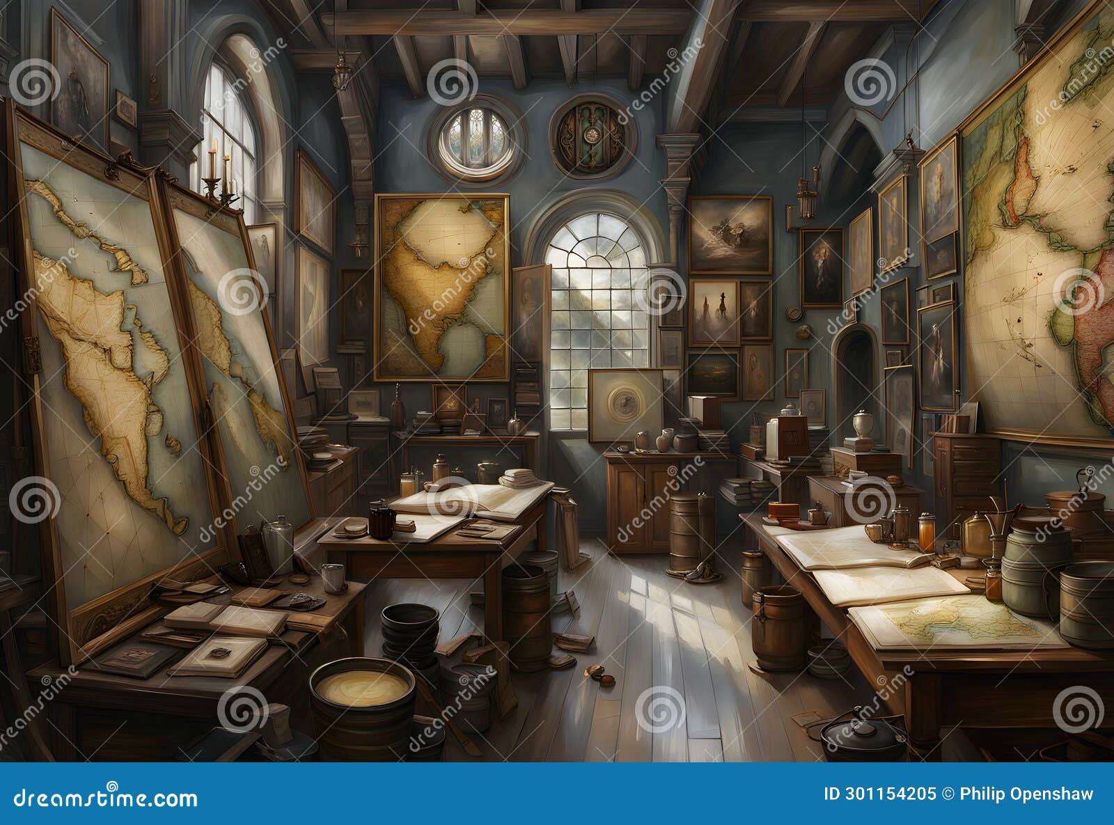 Interior of an Old Cartographers Studio Maps on the Walls and a Table ...